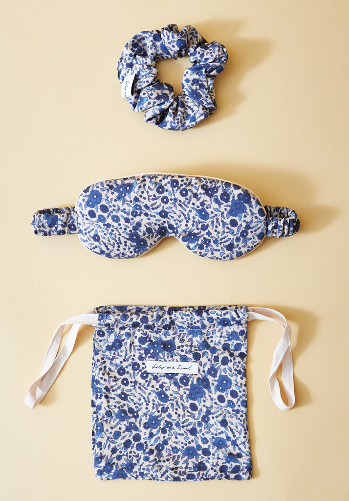 Blue Aster Eye Mask, Scrunchie, Pouch Set | Nightwear | Lily and Lionel ...