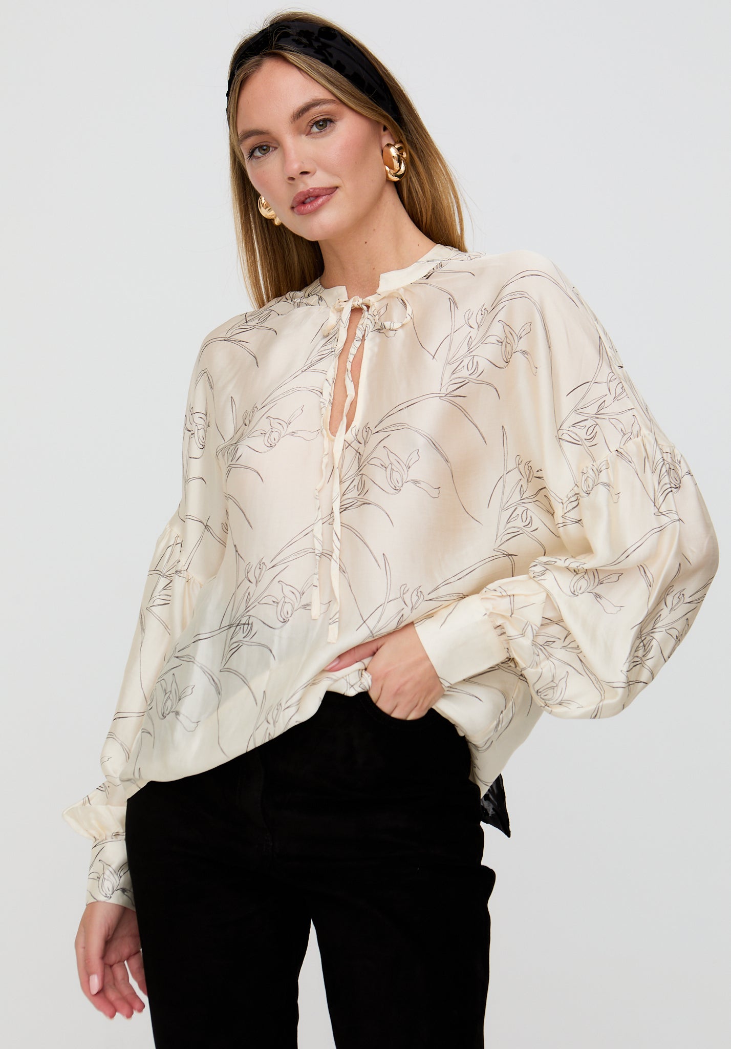 Rosetti Billowy Sleeves Hand Drawn Floral Print Blouse In Cream | Front ...