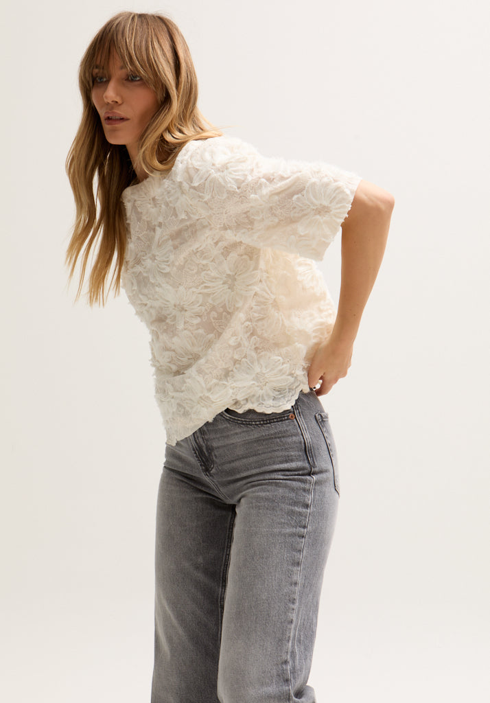 Lotus Ribbon Work Scallop Hem Top In Cream | Short Sleeve Lined Crop ...